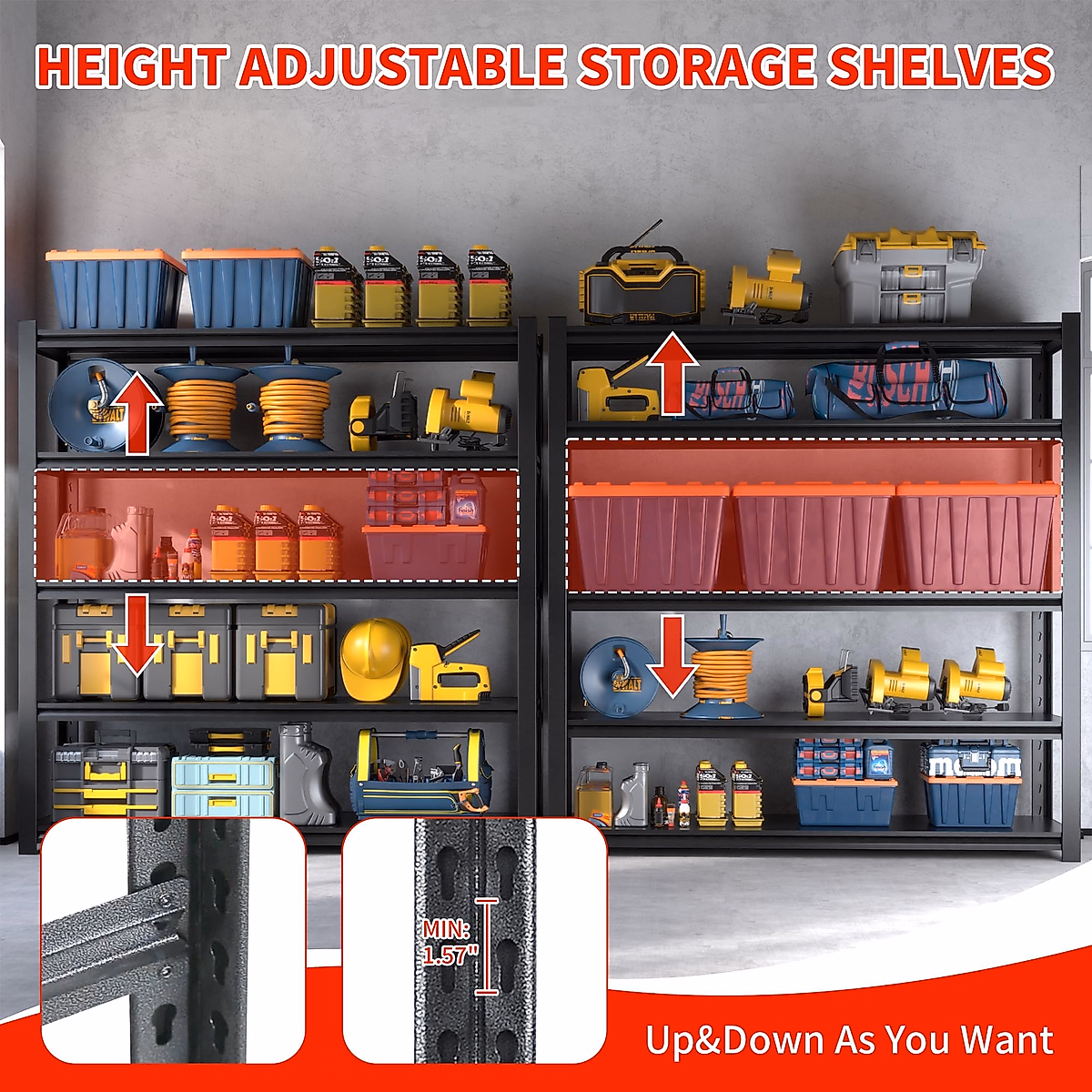 DARTIIA 72" H Garage Shelving 3000LBS Heavy Duty Storage Shelves Adjustable 5 Tier Metal Shelves for Storage Garage Industrial Shelving Utility Racks,23.9" D x 40" W x 72" H,Black