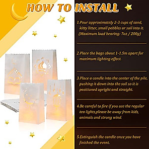 48 Pcs Eid White Luminary Bags Ramadan Mubarak Decoration Flame Resistant Bags Islamic Star Moon Reusable Luminary Paper Bags for Home Eid Party Wedding Birthday Decorations (Lights Not Included)
