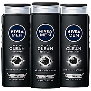 Nivea Men DEEP Active Clean Charcoal Body Wash, Cleansing Body Wash with Natural Charcoal, 3 Pack of 16.9 Fl Oz Bottles