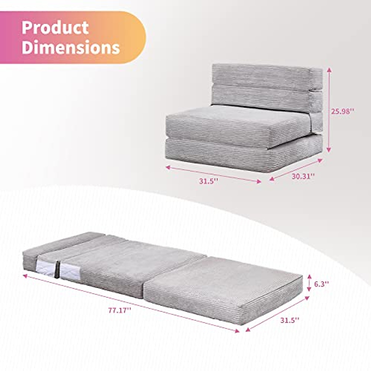 Mixoy Folding Sofa Mattress, Tri Fold Sofa Chair Bed 6.3”,Upholstered Guest Chaise,Floor Couch Sleeper,Folding Futon Sofa Bed Lounge Chaise for Guests,Living Room and Bedroom(Twin Size, Light Grey)