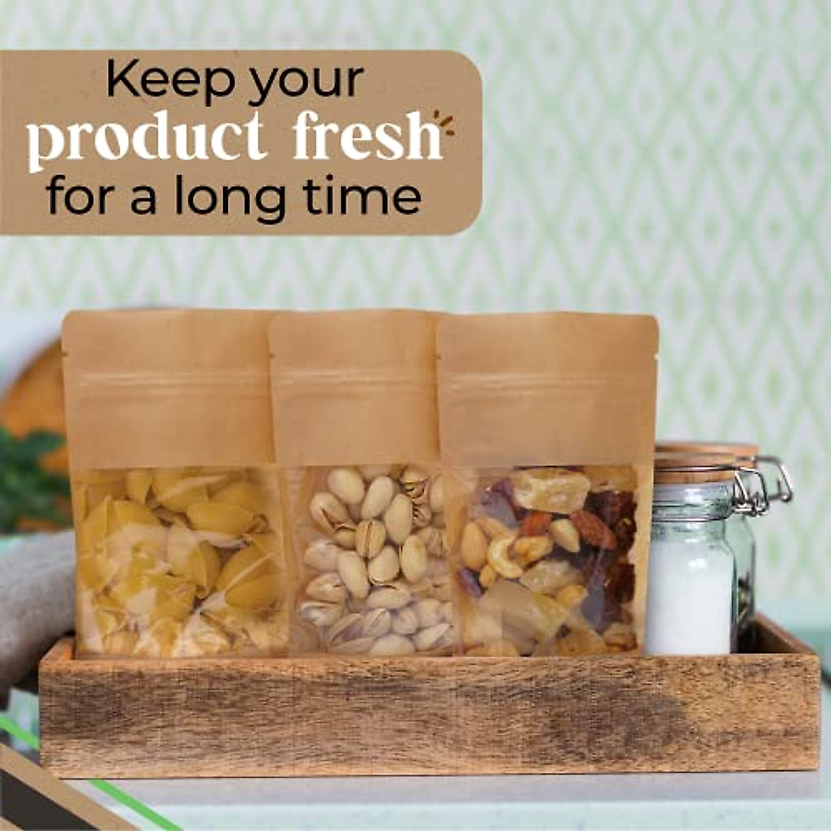 Kraft Stand Up Pouches, Zip Lock Storage; Packaging Bag, Food Storage Bags, Reusable Ziplock Bags with Window (20 x 30 cm (7.8x11.7 inch)-60.86 OZ, Kraft)