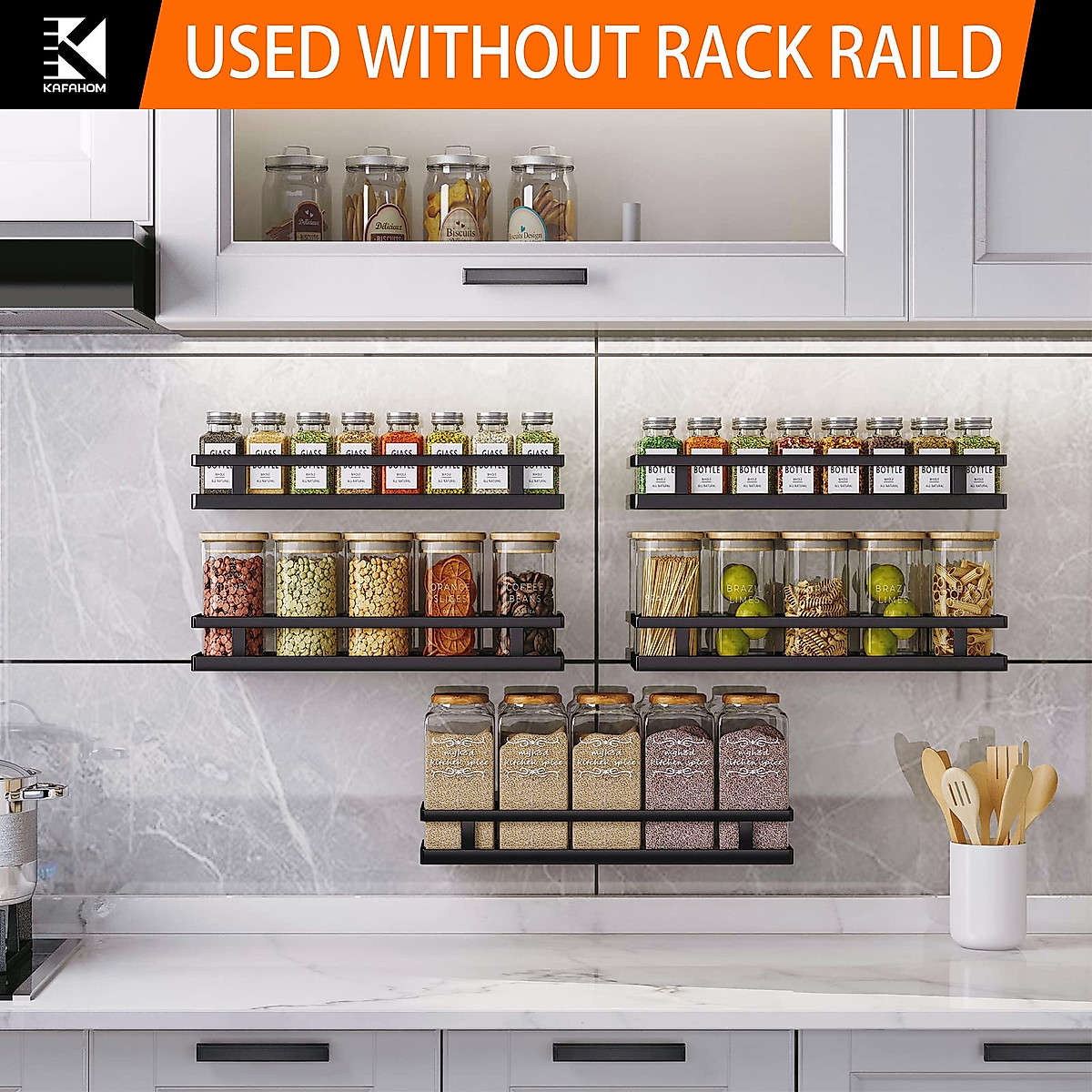 KAFAHOM Spice Rack Organizer Wall Mount, 5 Tier Height-Adjustable Hanging Spice Shelf Storage with 6 Hooks, Farmhouse Seasoning Organizer,Large Kitchen Wall Shelves for Cabinet, Wall, Pantry Door