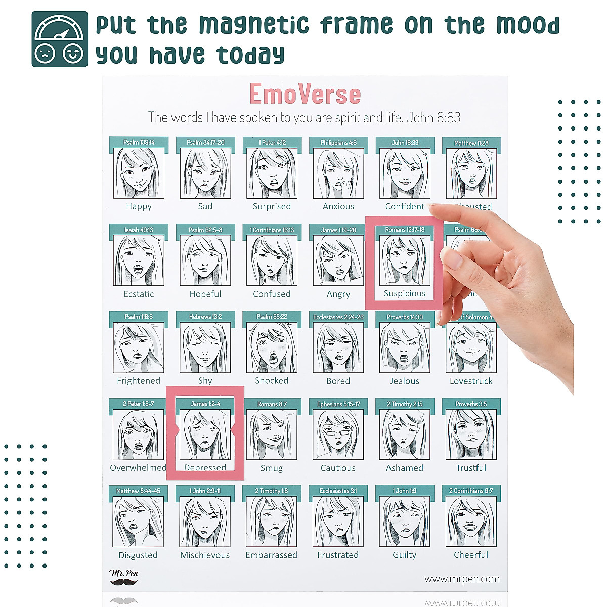 EmoVerse Magnet Feeling Chart with Bible Verse Guide, 14.5"x11.4", Emotions Chart for Kids and Adults, 30 Different Feelings