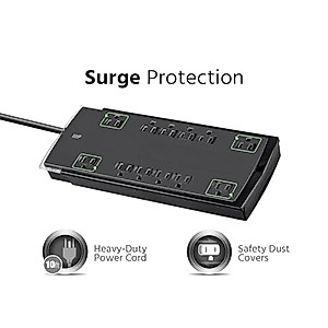 Monoprice 12 Outlet Slim Surge Protector Power Strip - 10 Feet - Black | Heavy Duty Cord | UL Rated, 4,230 Joules With Grounded And Protected Light Indicator