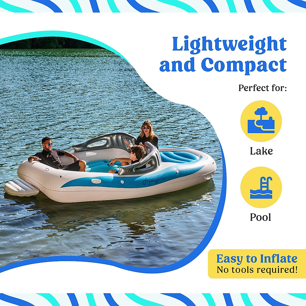 Aquayam Lake Floats for Adults Floating Island for Lake Inflatables Lake Toys for Adults and Family | Boat Floats for The Lake Includes Air Pump, Extendable Oars, Repair Kit and Carry Bag