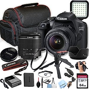 Canon EOS 2000D / Rebel T7 DSLR Camera w/EF-S 18-55mm F/3.5-5.6 Zoom Lens + 64GB Memory, LED Video Light, Case, Gripster Tripod, and More (Essential Bundle) (Renewed)
