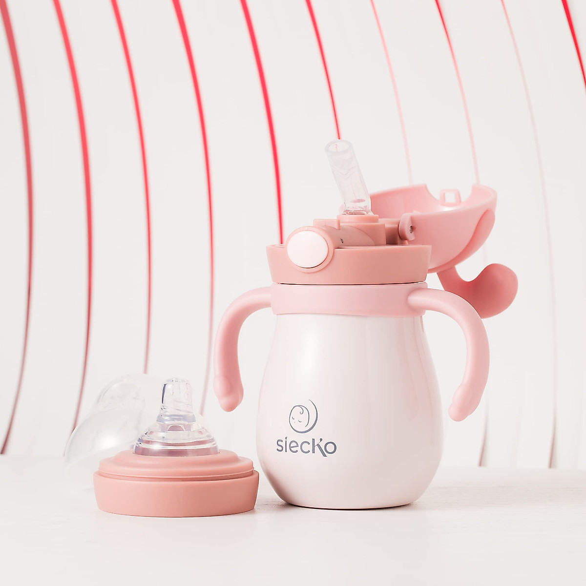 SIECKO Stainless Steel Baby Water Bottle - Straw Sippy Cups For Toddlers - 2 Kinds of Lids - Pacifier and Straw Sippy Cup - Double Walled - Insulated Baby Bottle - 9Oz