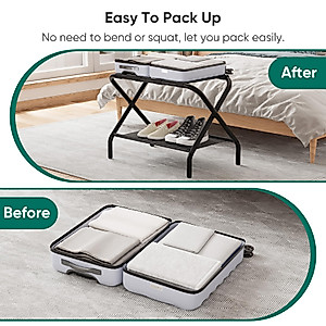 Smuxee Black Luggage Rack, Foldable Suitcase Stand with Fabric Storage Shelf, Luggage Holder with 4 Nylon Straps for Guest Room Bedroom Hotel