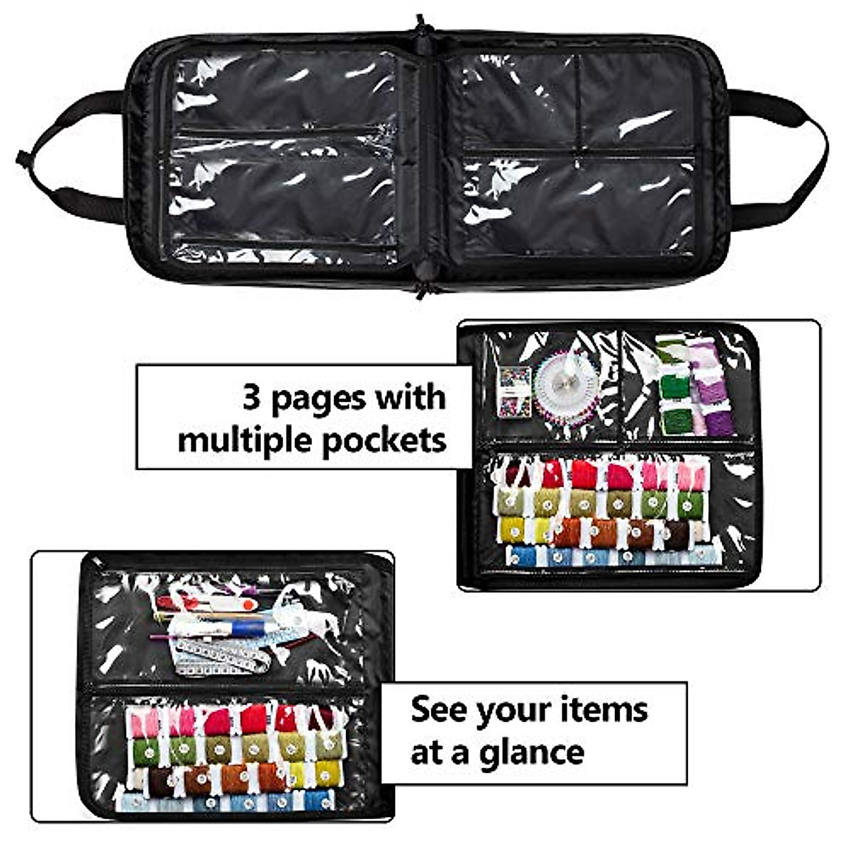 YARWO Embroidery Bag, Embroidery Projects Storage with Multiple Pockets for Embroidery Hoops (Up to 12"), Embroidery Floss and Supplies, Black with Arrow (Bag Only, Patented Design)