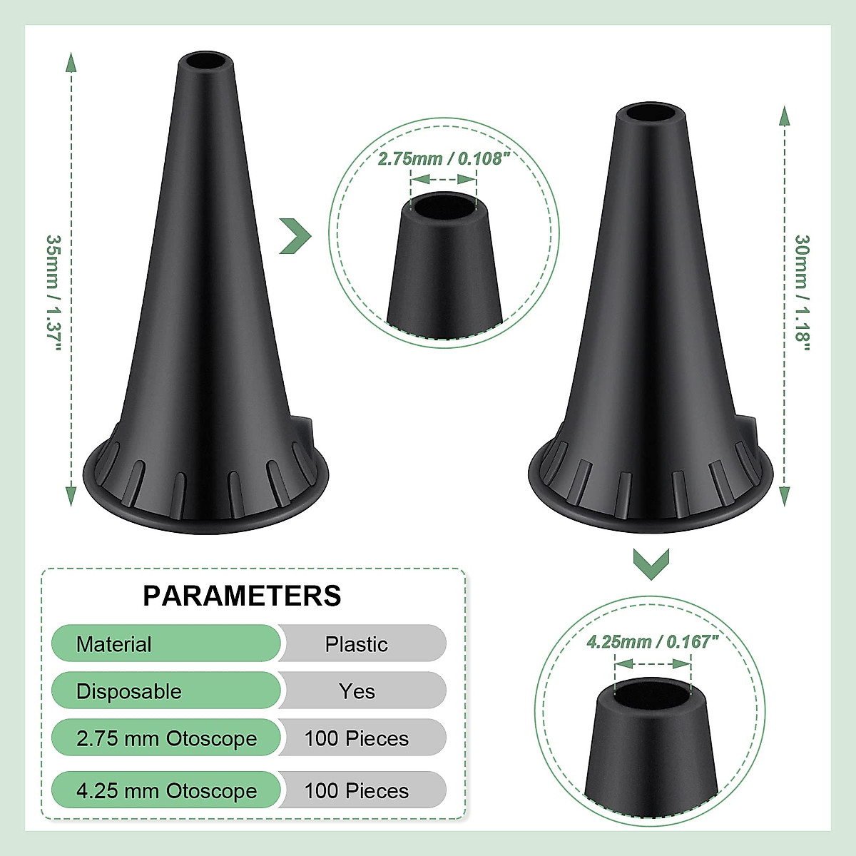 LEIFIDE 200 Pcs Universal Otoscope Speculums, 2 Pack of 100 2.75/4.25 mm Disposable Otoscope Cover Plastic Otoscope Specula Tips, Ear Specula for Adults and Children