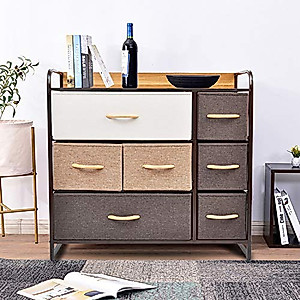 CERBIOR Drawer Dresser Closet Storage Organizer 7-Drawer Closet Shelves, Sturdy Steel Frame Wood Top with Easy Pull Fabric Bins for Clothing, Blankets - Mixture