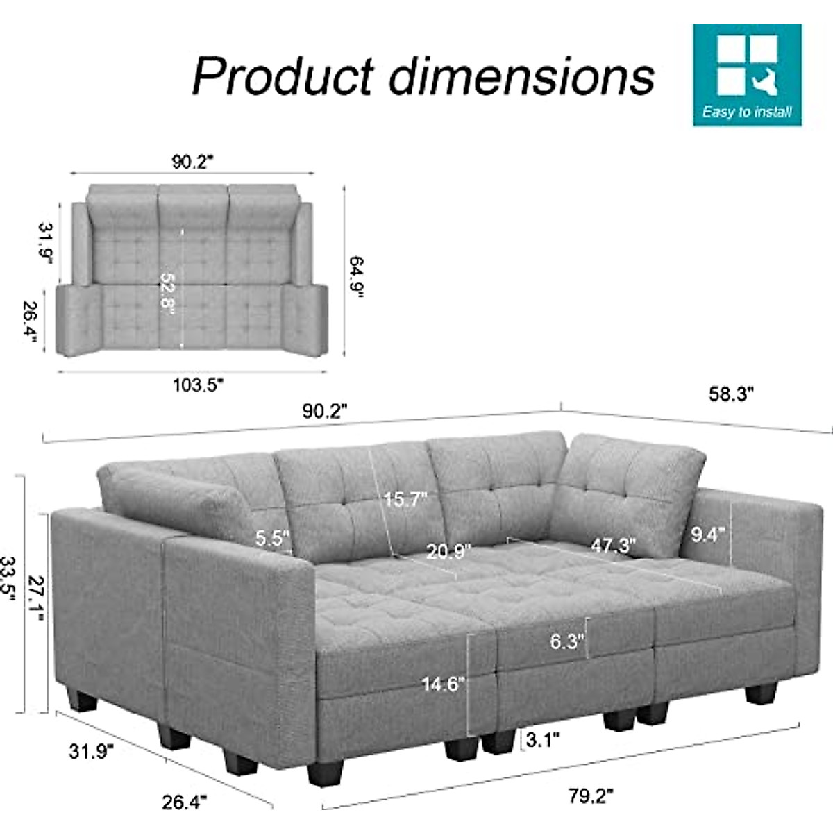 Belffin Convertible Sectional Sleeper Sofa Bed Modular Sofa Sleeper Couch Set with Storage Seat Modular Sectional Couch Bed Light Grey