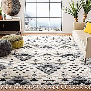 SAFAVIEH Moroccan Tassel Shag Collection 8' x 10' Ivory/Grey MTS688F Boho Non-Shedding Living Room Bedroom Dining Room Entryway Plush 2-inch Thick Area Rug