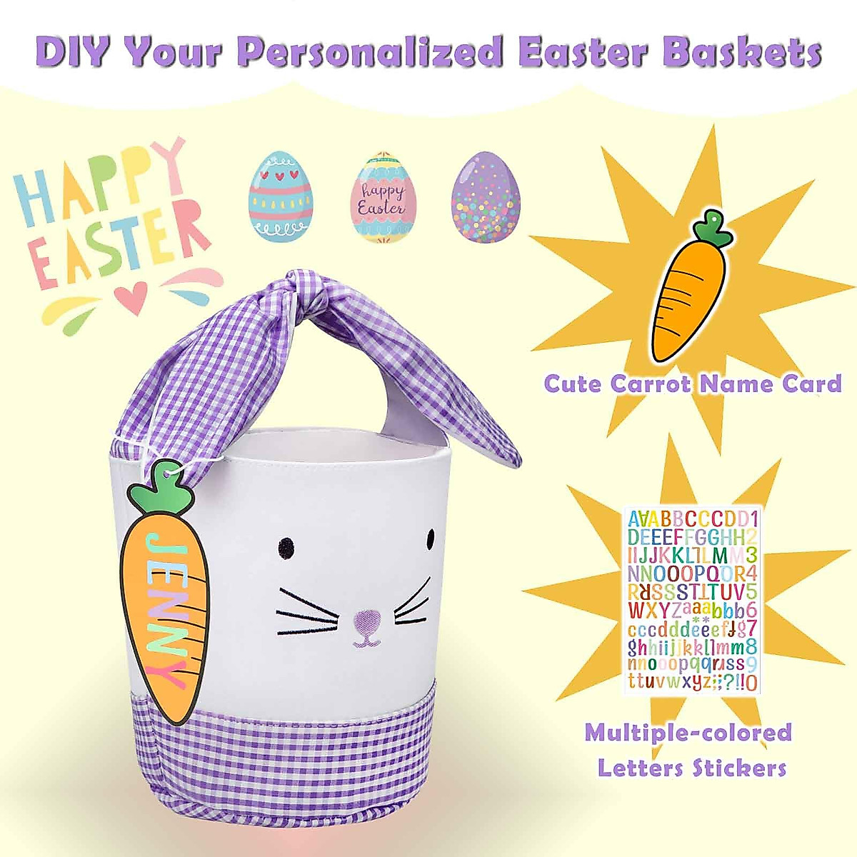 MY LIFFRI Easter Basket set for Kids, Large Canvas Bunny Bag with Carrot Card & Letters Stickers for Egg Hunt with Adjustable Rabbit Ear Handle for Baby Boy Girl Toddler, Purple