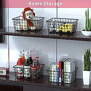 Aeggplant Kitchen Wire Baskets Farmhouse Decor Metal Food Storage Organizer, Household Refrigerator Bin with Built-in Handles for Cabinets,Pantry Set of 4 (Black)