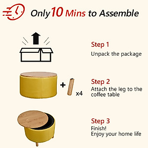 Simple&Opulence Modern Round Storage Coffee Table Ottoman for Living Room Bedroom, Accent Drum Side Table, Nightstand, Footstool, Sofa End Table with Wood Lid Tray and Solid Wood Legs (Yellow)