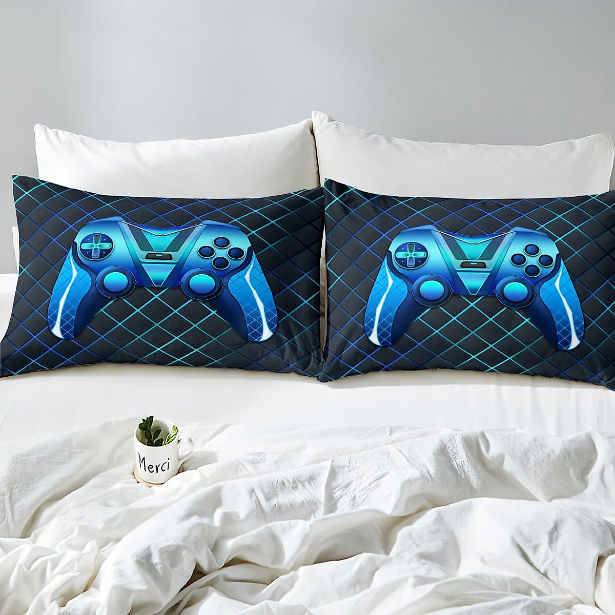 Erosebridal Gamer Bed Sheets Set for Boys, Gaming Sheet Sets Twin Size Video Game Contoller Sheets Gaming Gifts for Teenage Boys, Geometric Diamond Gamepad Flat Fitted Sheet with 1 Pillow Case, Blue