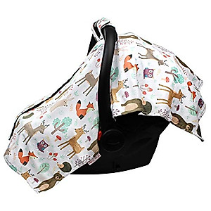 Baby Car Seat Canopy Cover - Forest Animals Bear Deer Fox Owl Rabbit with Dark Brown Minky Dot