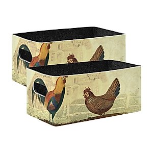 Emelivor Rooster Hen Vintage Storage Basket Bins Set (2pcs) Felt Collapsible Storage Bins with Fabric Rectangle Storage Organizing Baskets for Nursery Toys,Kids Room,Clothes,Towels,Magazine