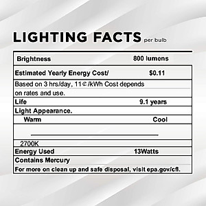 SLEEKLIGHTING Spiral light bulb - E26 base CFL bulb - CFL Light Bulbs 13 Watt- 3 Pack, 2700 Kelvin for Warm White and 800 Lumens - (65 Watt Incandescent Light Bulb Equivalent) - UL Listed