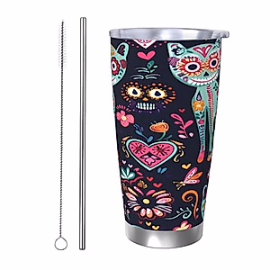 AYCZN Sugar Skull Cat 20 OZ Tumbler Stainless Steel Travel Coffee Mug, Mandala Flower Insulated Water Bottle with Lid Leakproof Thermal Cup