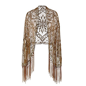 Metme Women's 1920s Scarf Wraps Sequin Deco Fringed Wedding Cape Evening Shawl Vintage Prom (Coffee Gold)