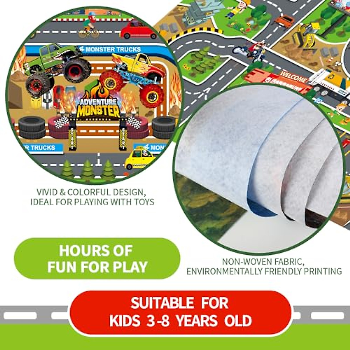 Oriate Kids Toy Dream Mat Monster Truck Activity Playmat, Multi Color Parent-Child Interaction Game Rug, Ideal Children's Educational Floor Mats for Monster Cars Construction Truck Toys 552-M