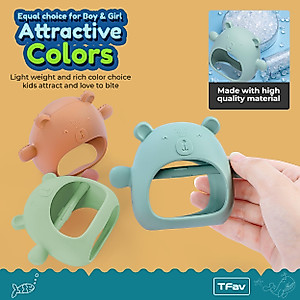 TFav Baby Bear hand Teether -3 pc Blue, Brown & Green -Silicone Teething mitt for 0-6 Months Boys -Hand Pacifier That Fits on Fist -Wearable Gloves Chew Toy -Calm Down The Fussy Baby