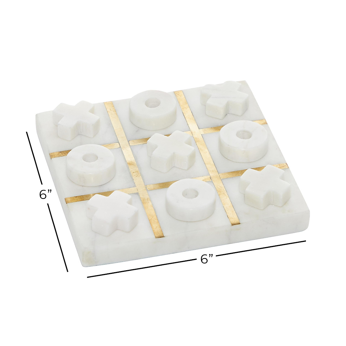 Deco 79 Marble Tic Tac Toe Game Set with Gold Inlay, 6" x 6" x 1", White