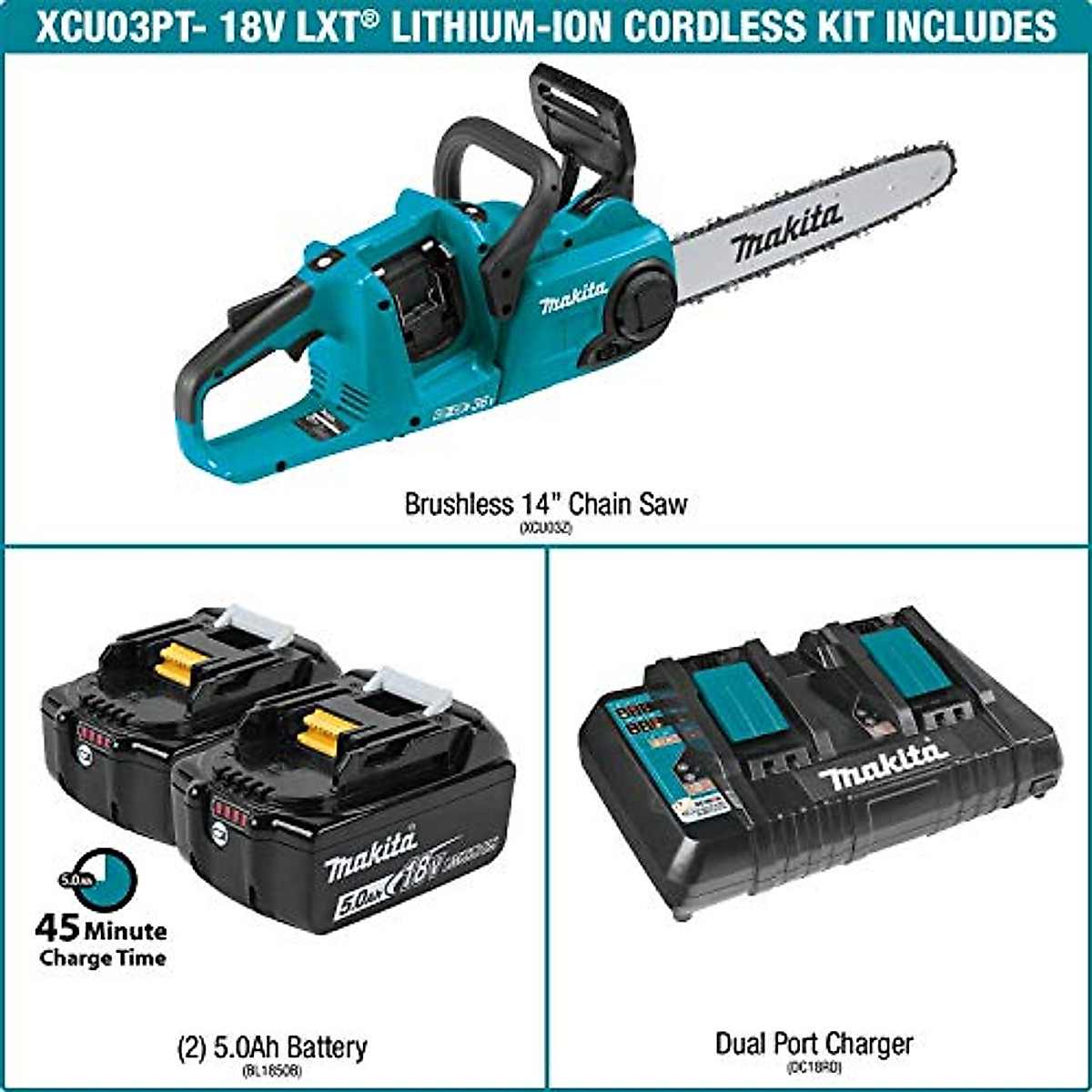 Makita XCU03PT 18V X2 (36V) LXT Lithium-Ion Brushless Cordless (5.0Ah) 14" Chain Saw Kit, Teal