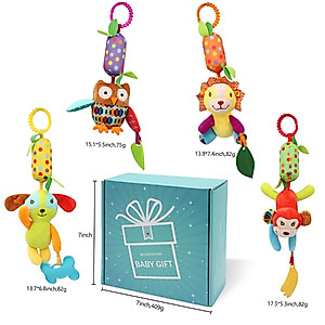 BLOOBLOOMAX Baby Soft Hanging Rattle, Car Seat Stroller Toys with Plush Animal C-Clip Ring for Infant Babies Boys and Girls 3 6 9 to 12 Months (4pcs)