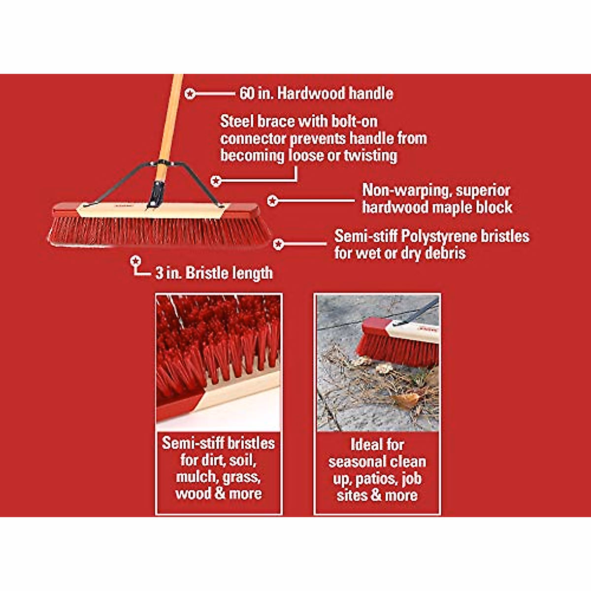 Harper 7324P1 Premium Indoor/Outdoor Wet/Dry All-Purpose Hardwood 24 in. Push Broom Semi-Stiff Bristles, Brown