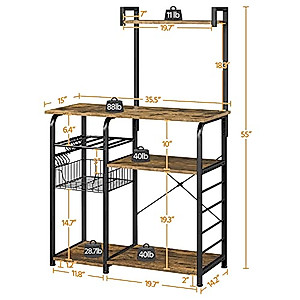 Yaheetech Industrial Kitchen Baker’s Rack Utility Microwave Oven Stand with Wire Basket & 10 S Hooks, Coffee Bar Spices Utensils Storage Shelf, Easy Assembly, Rustic Brown