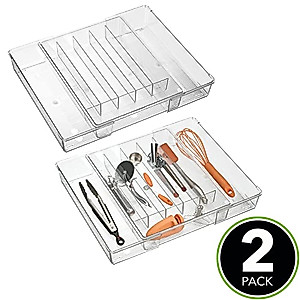 mDesign Dual Expandable Plastic In-Drawer Utensil Organizer Tray Deep 6 Divided Sections for Kitchen; Holds Cutlery, Flatware, Silverware, Cooking Utensils, Ligne Collection, 2 Pack, Clear