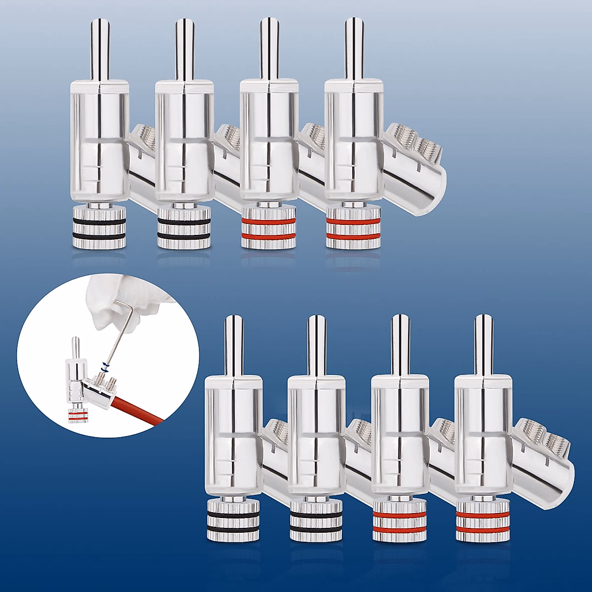 Monosaudio Locking Banana Plugs 8Pcs 45 Degree Banana Connectors Double Screw Speaker Banana Plug for 8-15 Guage Speaker Wire,Audio/Video Receiver,Sound Systems with L-Form Hex Wrench(Rhodium Plated)