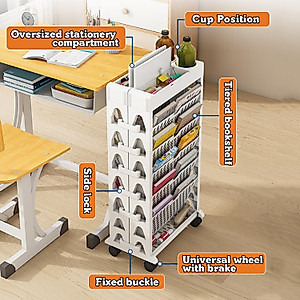 6 Tier Removable Movable Bookshelf, Mobile Unique Bookcase with Top partition Storage, Utility Organizer Green Bookshelves with Wheels for Students Study in Bedroom Living Room Home School,Green,70cm