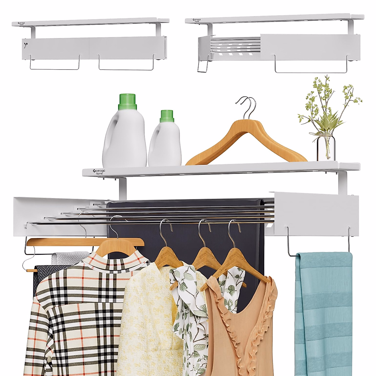 yamagahome Clothes Drying Rack Wall Mounted with Extra Storage Board, Laundry Drying Rack Collapsible with Handle, Collapsible Drying Racks for Laundry for Indoor and Outdoor, 31.5''