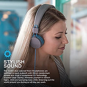 JLab Audio Neon Headphones On-Ear Feather Light, Ultra-plush Eco Leather, 40mm drivers, GUARANTEED FOR LIFE - Graphite/Blue