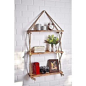 Varnished Retro Wood 3' Eye Rope Wall Shelf Bookcase Flower Holder, Home Wall Wood Shelf