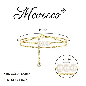 MEVECCO Bracelet for Women Gold Layered Satellite Chain Trio Pearl Bead Wire Wrapped 14K Gold Plated Dainty 2 Layer Handmade Simple Jewelry Cute for Girls