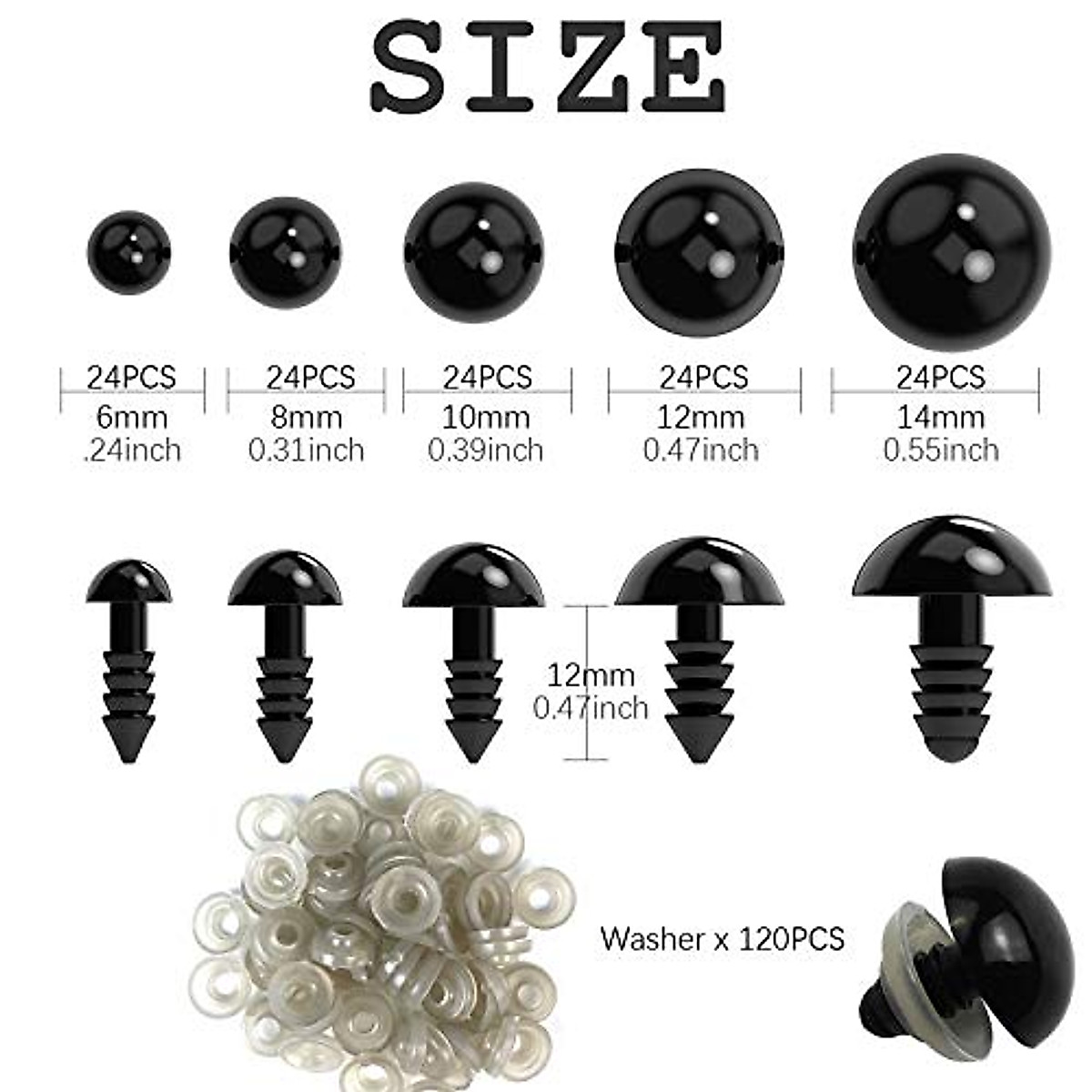 Plastic Safety Eyes for Amigurumi, 240PCS 6mm - 14mm Black Solid Craft Doll Eyes with Washers for Crafts, Crochet Toy and Stuffed Animals