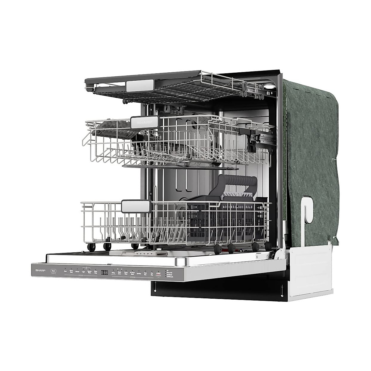 SHARP Smart Dishwasher Works with Alexa. Includes LED Interior lights, Stainless Steel interior, Heated Dry with Fan Assist, Wash Zone cleans half load on either rack, Adjustable Third Rack