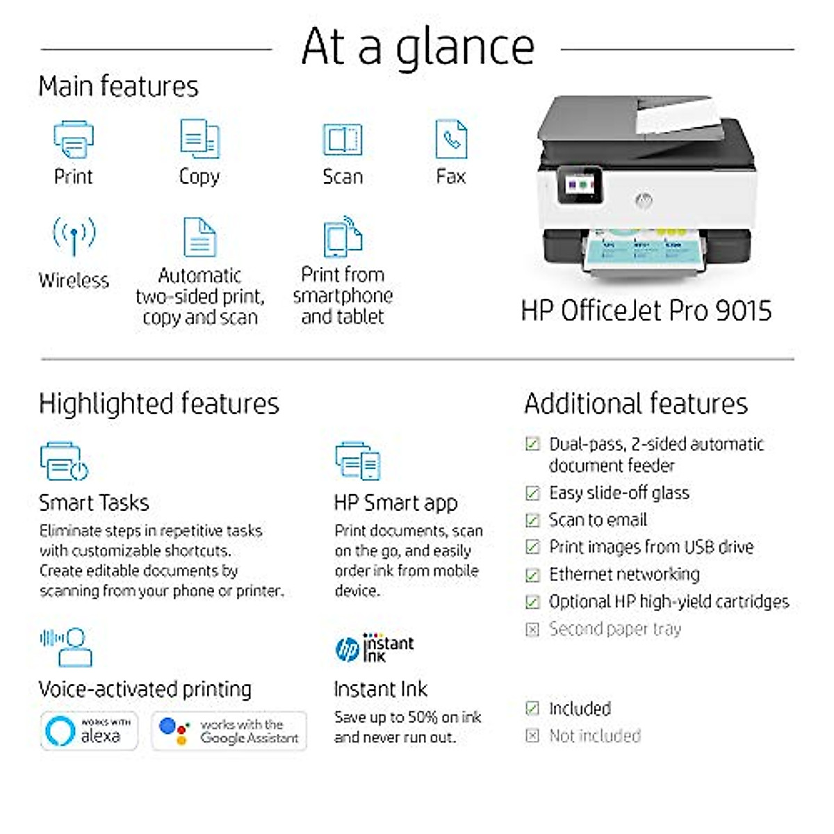 HP OfficeJet Pro 9015 All-in-One Wireless Color Printer, with Smart Home Office Productivity, HP Instant Ink, Works with Alexa (1KR42A)