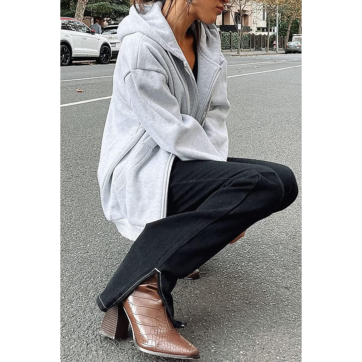 ATHMILE Oversized Sweatshirt Women 2023 Fall Fleece Jacket Cute Hoodies Pullover Sweater Hooded Tops Teen Girl Casual Cardigan Zip Up Y2k Trendy Coat Winter Clothes Outfits Blouses Grey