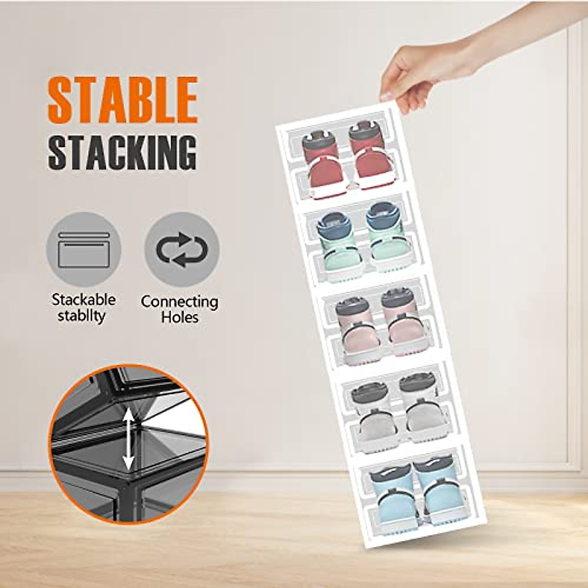 Eoszaous Shoe Box, 6 Pack Shoe Boxes Clear Plastic Stackable, Shoe Storage Boxes with Lids, Drop Front Shoe Boxes for Sneaker Storage Display, Fit Up to US Size 12 (13.6”x 10.4”x 7.5”) (Transparent)