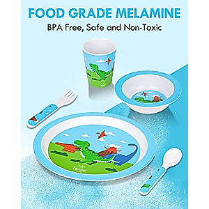Lehoo Castle Kids Plates and Bowls Sets, 5 Piece Baby Feeding Set - Includes Plate, Bowl, Cup, Fork and Spoon Utensil Flatware, Kids Dinnerware Set for Kids, Toddlers (Dinosaur)