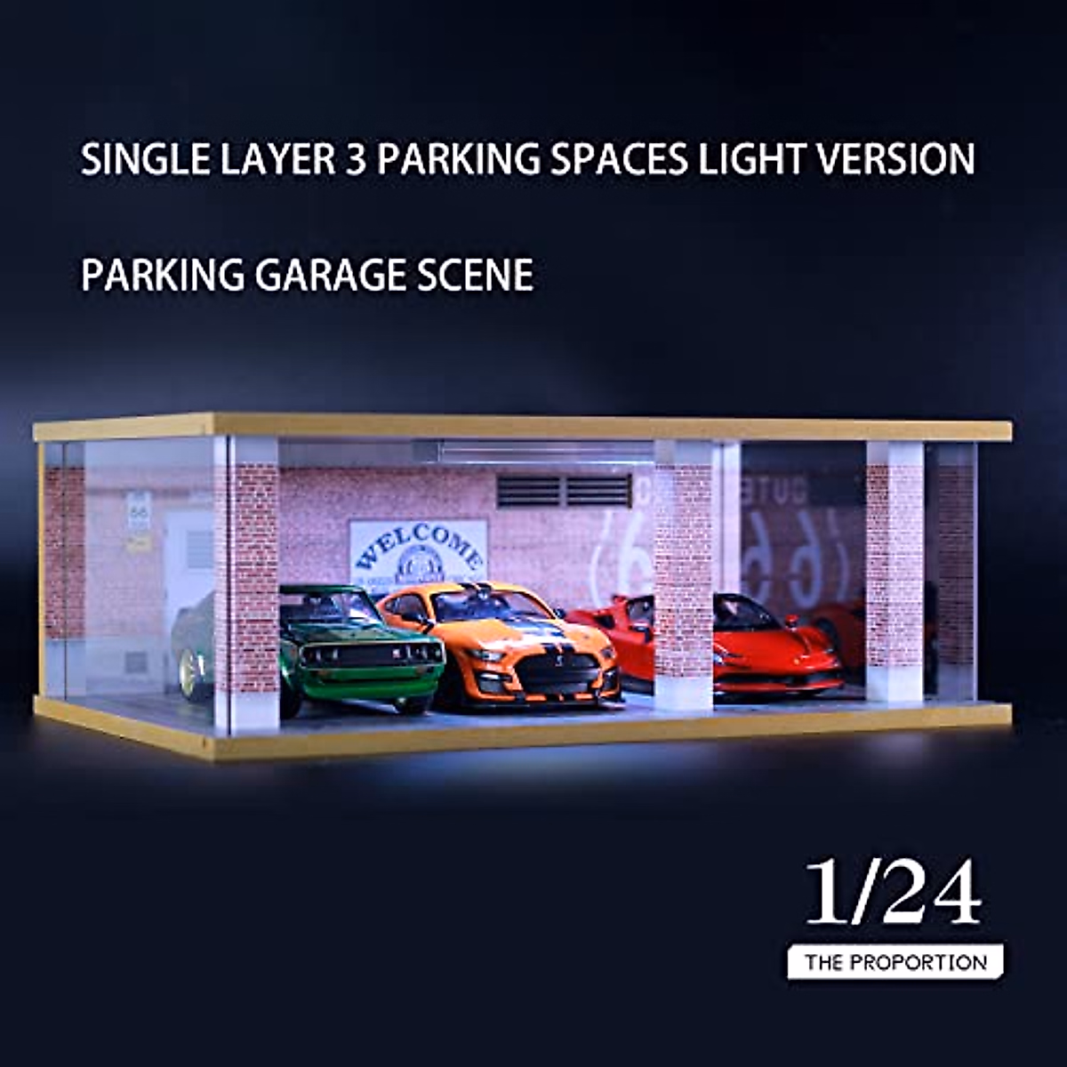 Sikivot 1/24 Scale Car Display Case,Car Model Toy with Parking Lot Scene, Die-cast Car Garage Display Case,2 Parking Space Acrylic Toy Garage with LED Light
