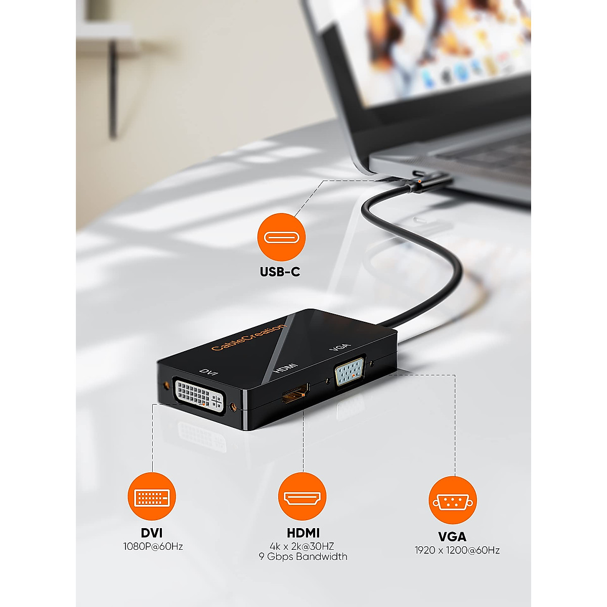 CableCreation USB C to VGA HDMI DVI Adapter, 3 in 1 USB Type C to HDMI VGA DVI Female Converter Compatible with Galaxy S22 Ultra, MacBook Pro 2020, Surface Book 2, Mac Mini 2018, XPS 15, Black