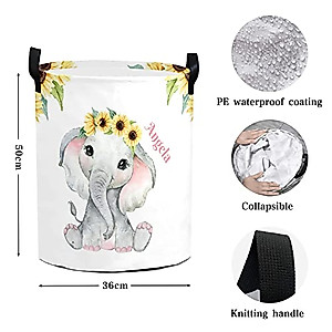 Personalized Custom Sunflower Elephant Laundry Baskets with Name Collapsible Clothes Storage Basket with Handle for Bathroom Bedroom Kitchen