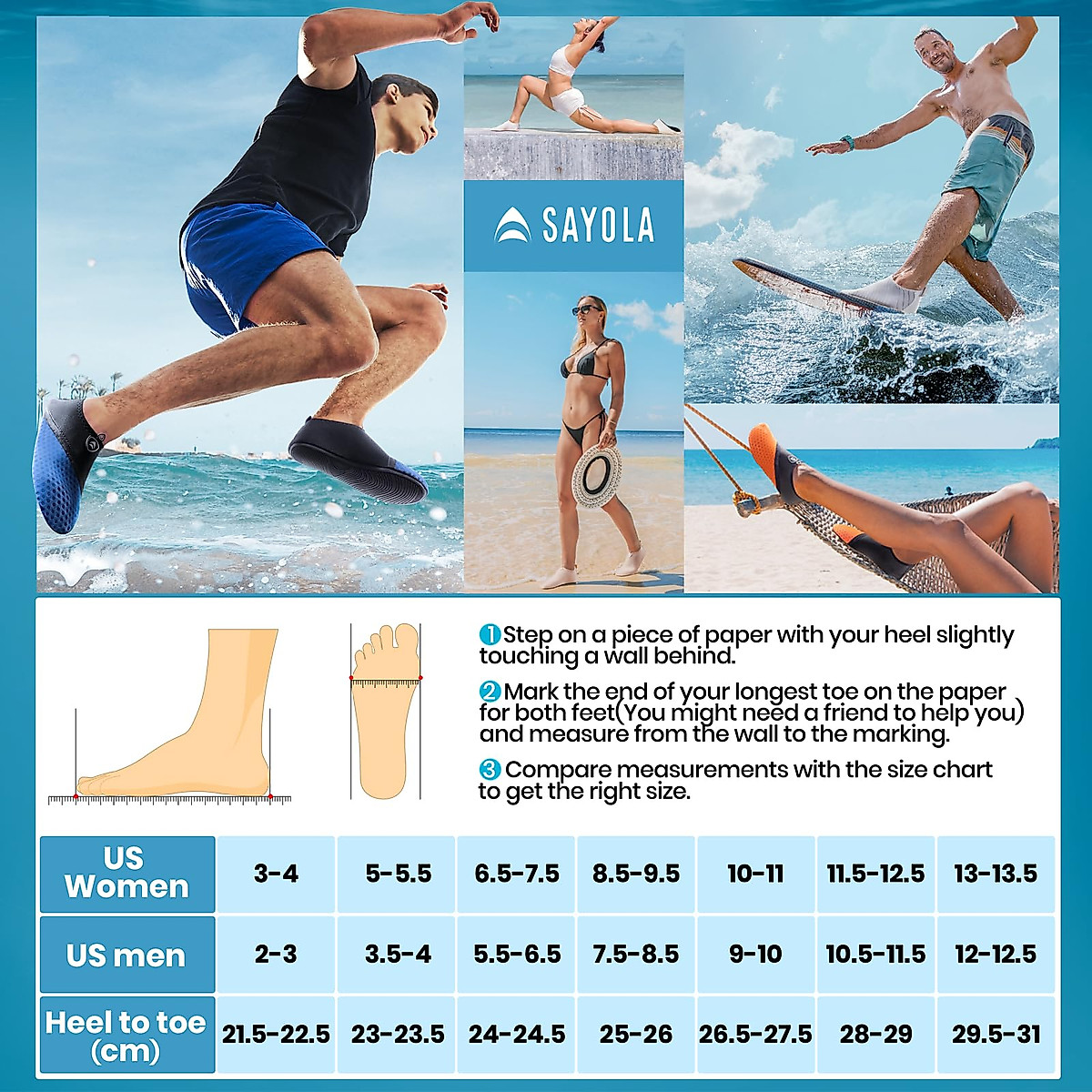 SAYOLA Barefoot Water Shoes for Women Men Breathable Sand Shoes and Quick-Dry Aqua Socks for Swim, Beach, Pool, Kayak, Yoga Sport Accessories, Camping Essentials - Must-Haves for Adults & Youth Sizes